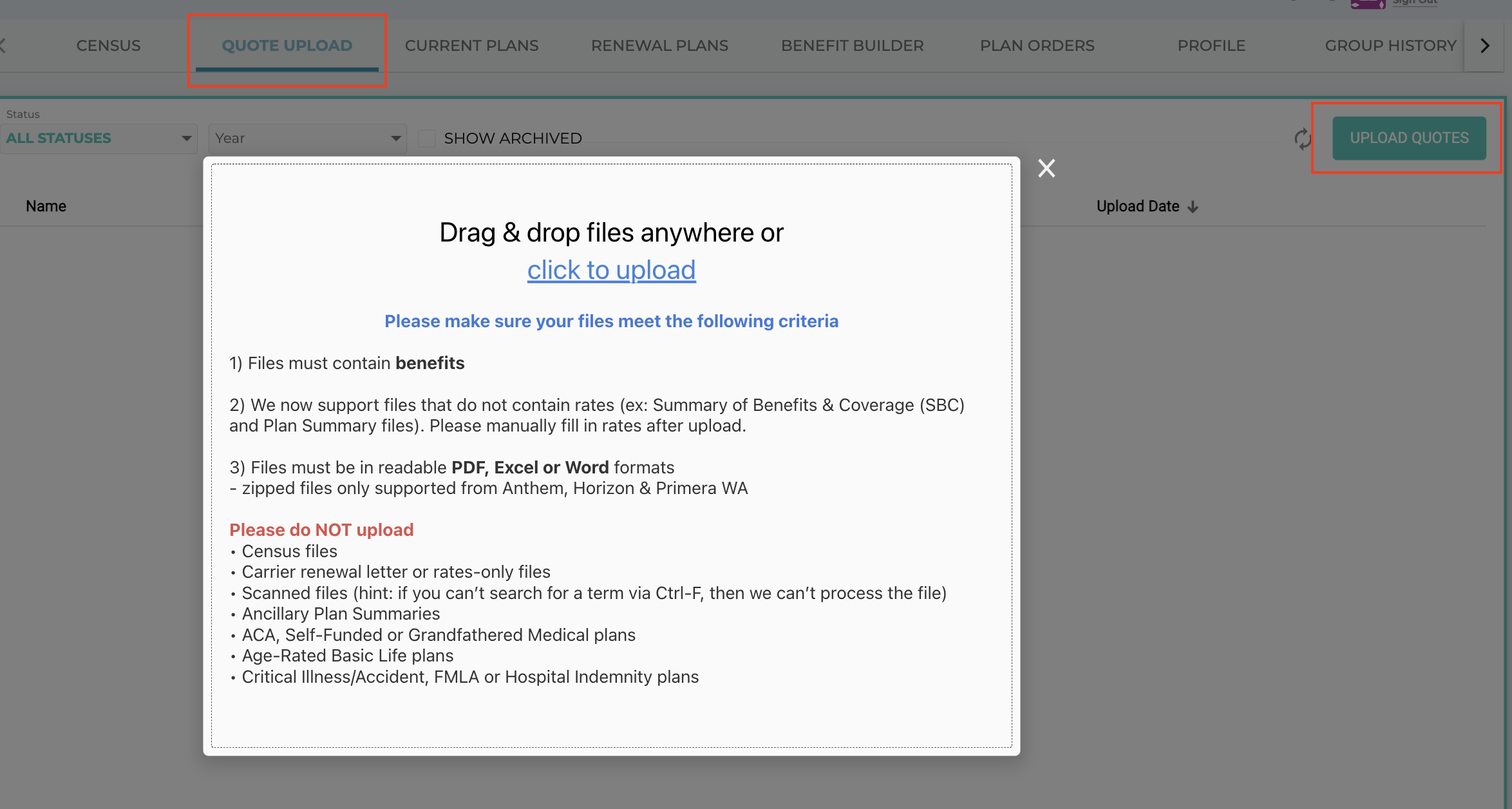 Uploading quotes – PerfectQuote